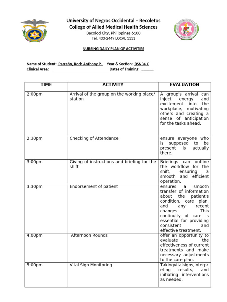 Daily Plan of Activities | PDF | Patient | Medical Specialties