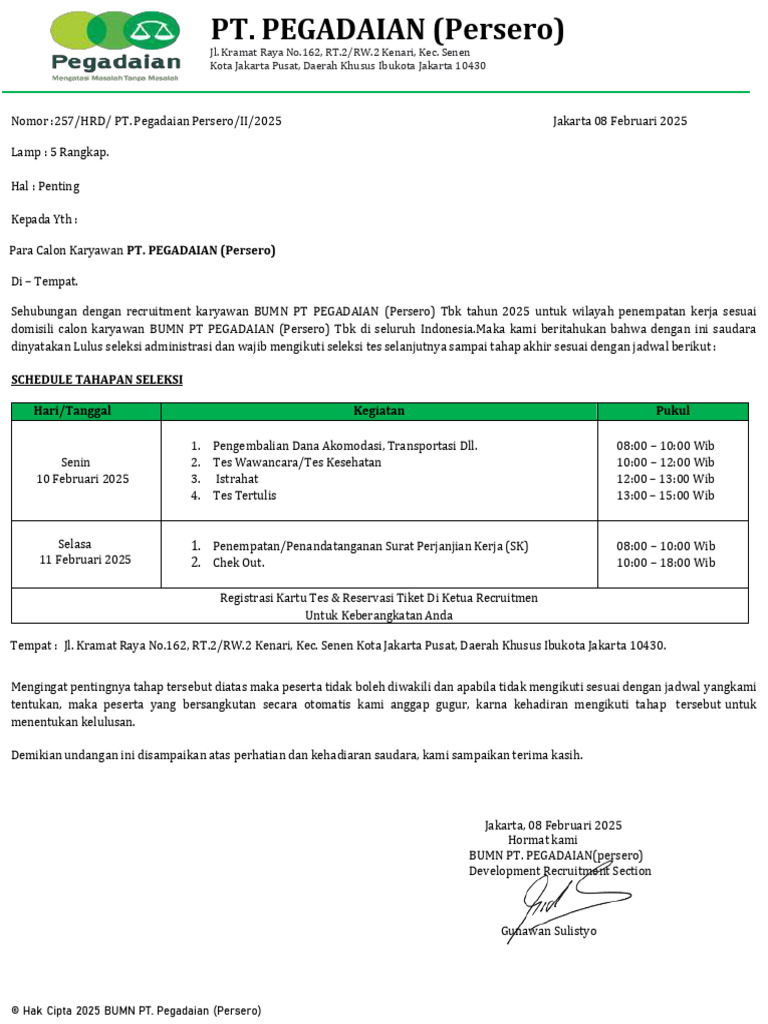 Surat Panggilan Tes Interview Pt. Pegadaian (Persero) . | PDF