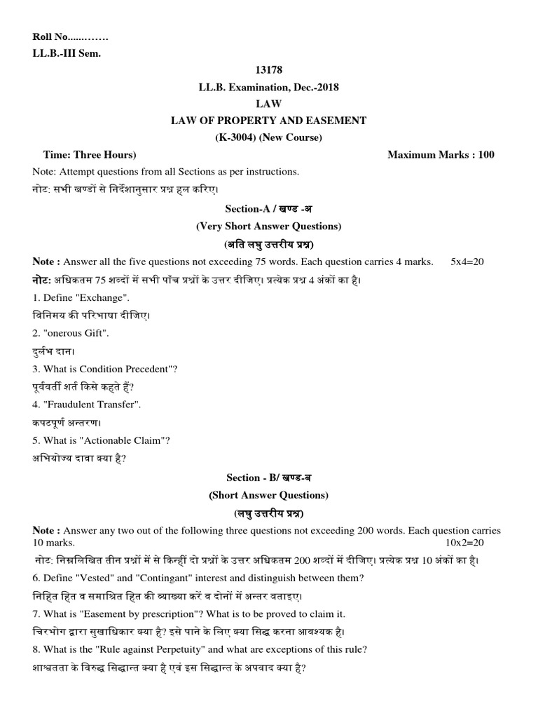 LL.B.-III Sem. 13178 LL.B. Examination, Dec.-2018 LAW Law of Property and Easement (K-3004) (New ...