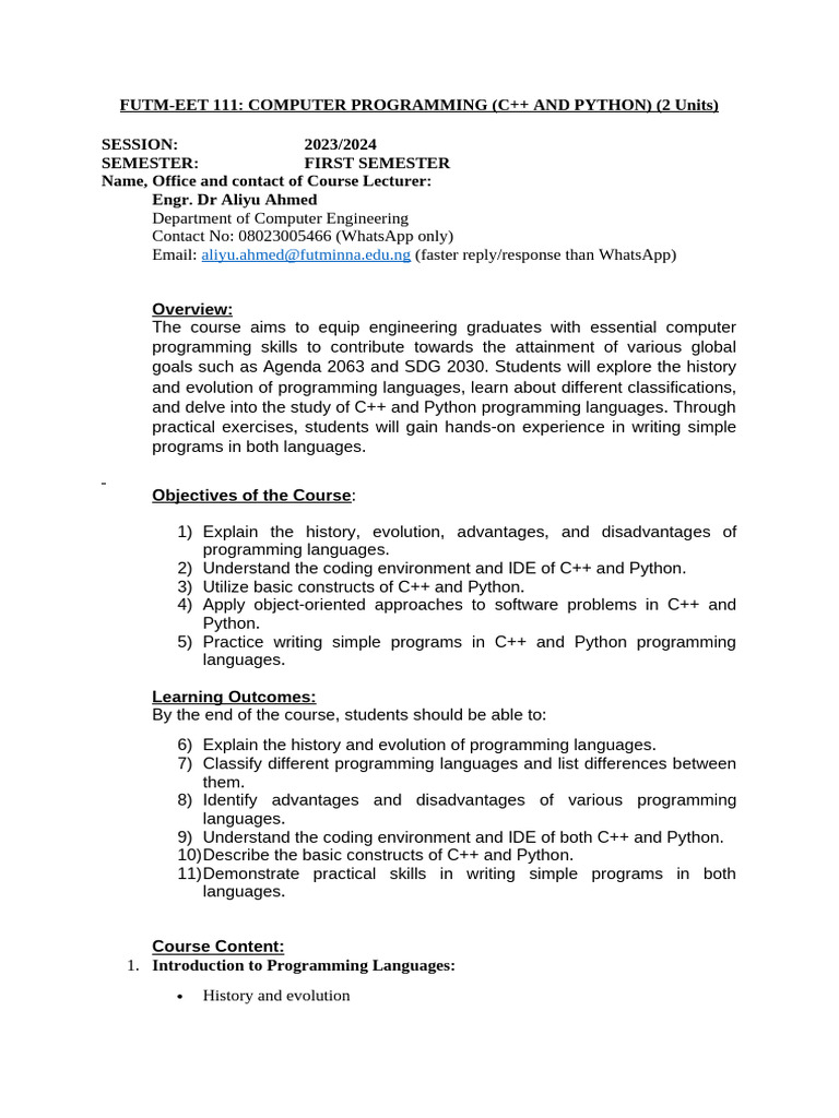 FUTM-EET 111 Courseware | PDF | Computer Programming | Python (Programming Language)