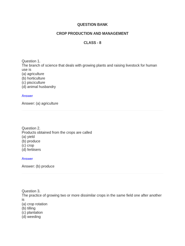 Class 8 Crop Production Question Bank | PDF | Sowing | Soil