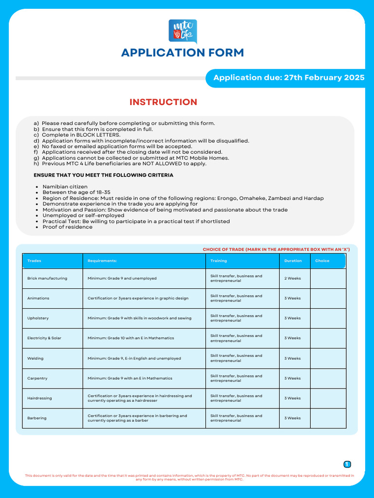 Mtc4 Life Application Form 2025 | PDF