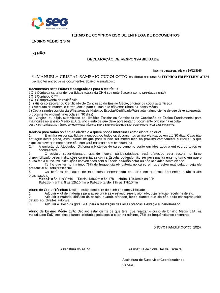 Termo de Compromisso de Entrega de Documentos | PDF