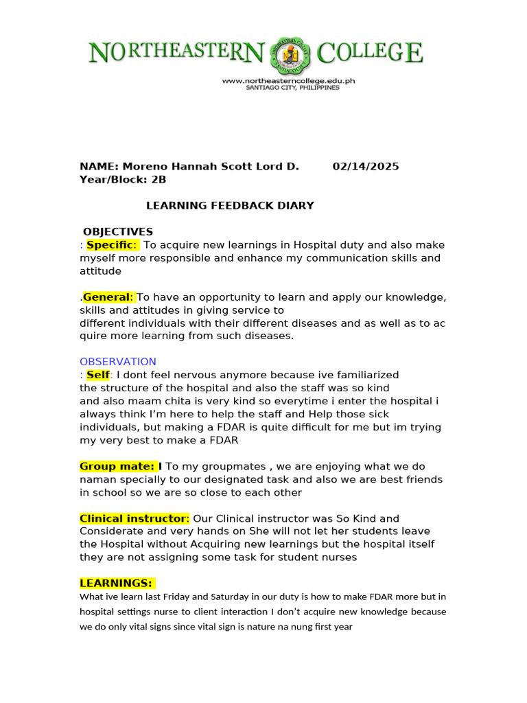 NAME: Moreno Hannah Scott Lord D. 02/14/2025 Year/Block: 2B Learning Feedback Diary Objectives ...