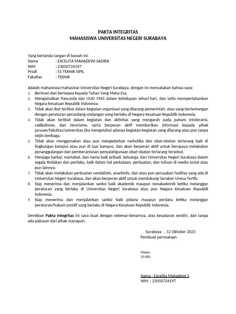 Pakta Integritas Mahasiswa Unesa | PDF