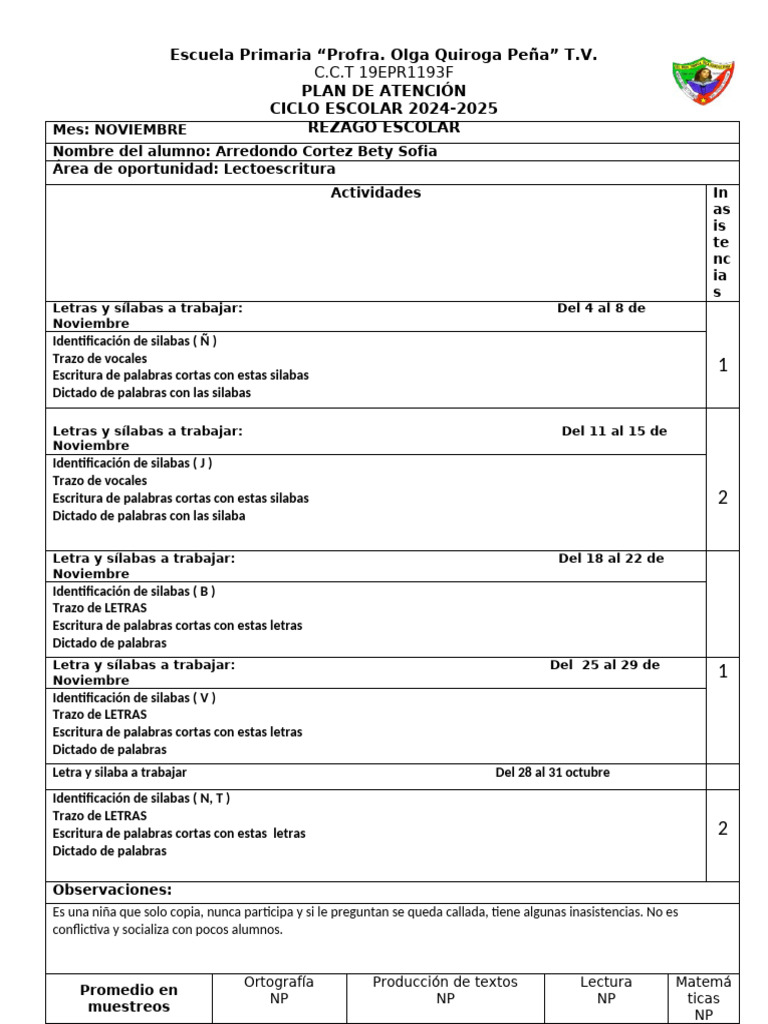 5c Plan de Atencion NOVIEMBRE | PDF | Escritura | Comunicación humana