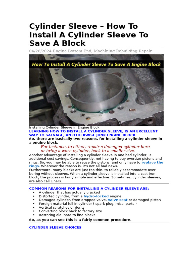 Installing Cylinder Sleeves Guide | PDF | Cylinder (Engine) | Engines