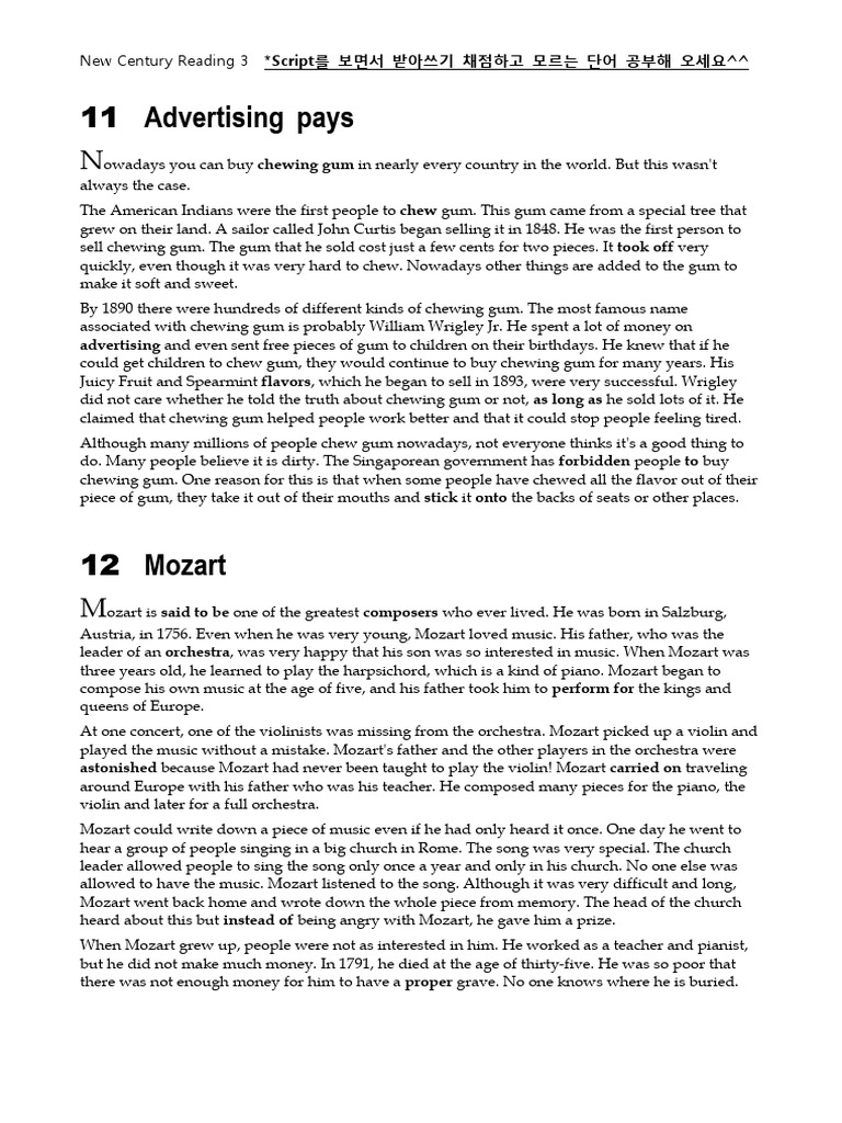 New Century Readings 3 Unit 11-12 Script | PDF | Wolfgang Amadeus Mozart