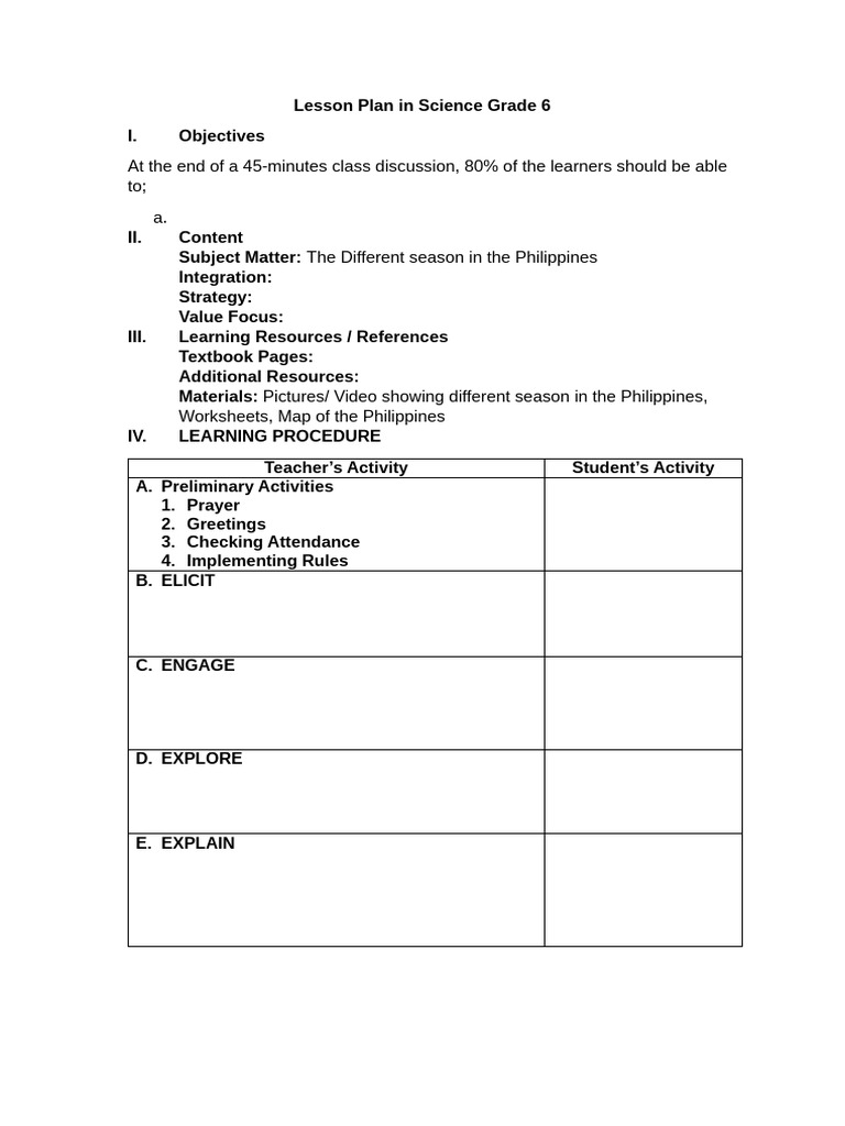 Grade 6 Science Lesson Plan: Seasons | PDF