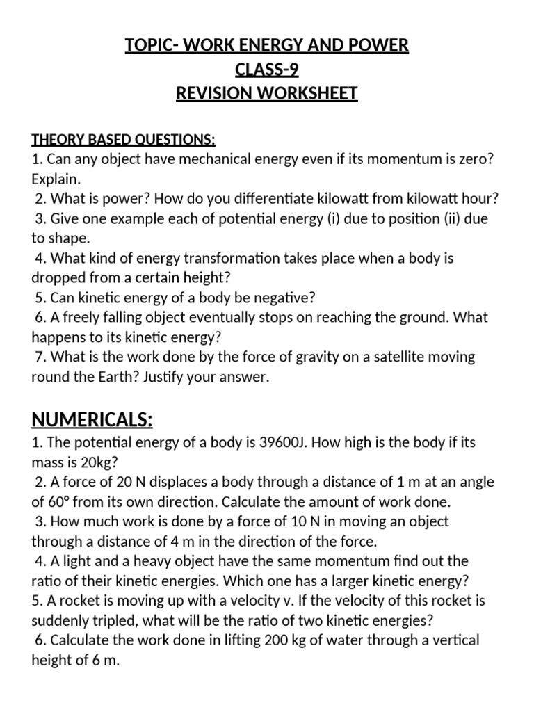 Class 9 Work and Energy Worksheet | PDF