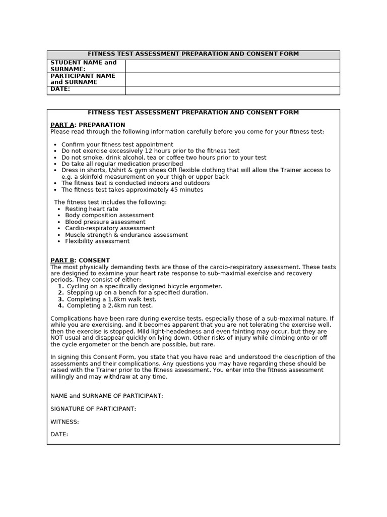Fitness Test Preparation & Consent Form | PDF | Physical Fitness ...