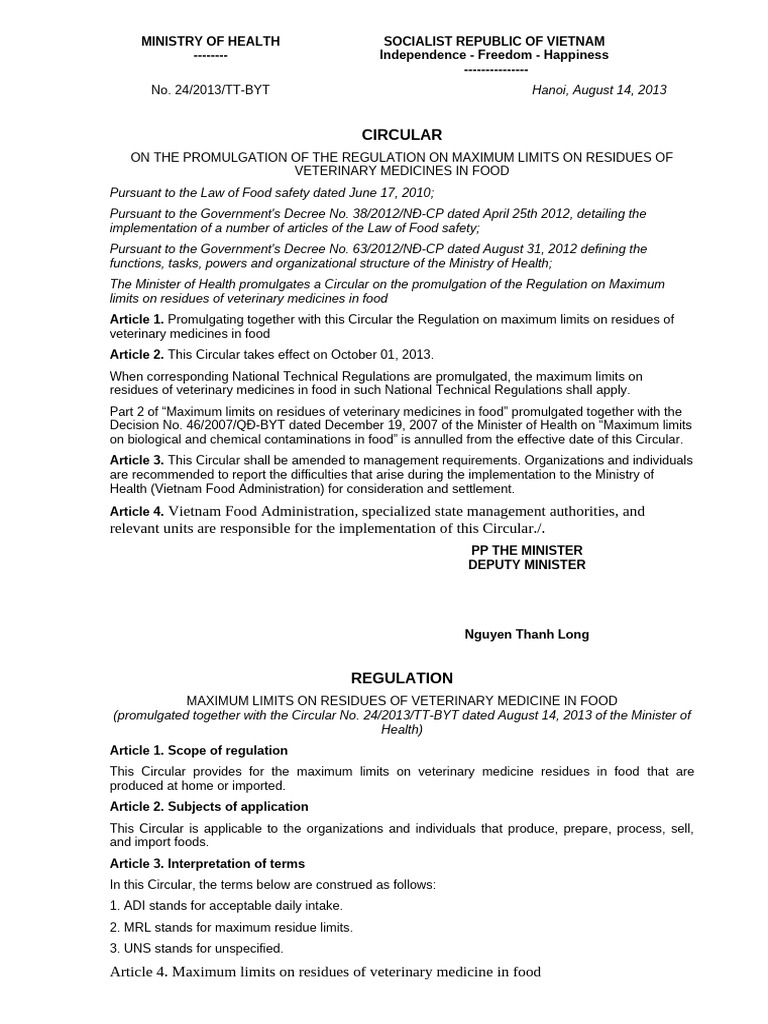 11-《食品中兽药残留限量法规》（24 2013 TT-BYT） | PDF | Lamb And Mutton | Sheep