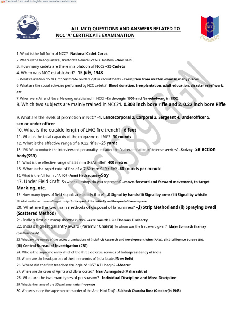 ALL MCQ QUESTIONS & ANSWERS RELATED TO NCC 'A' CERTIFICATE EXAMINATION ...