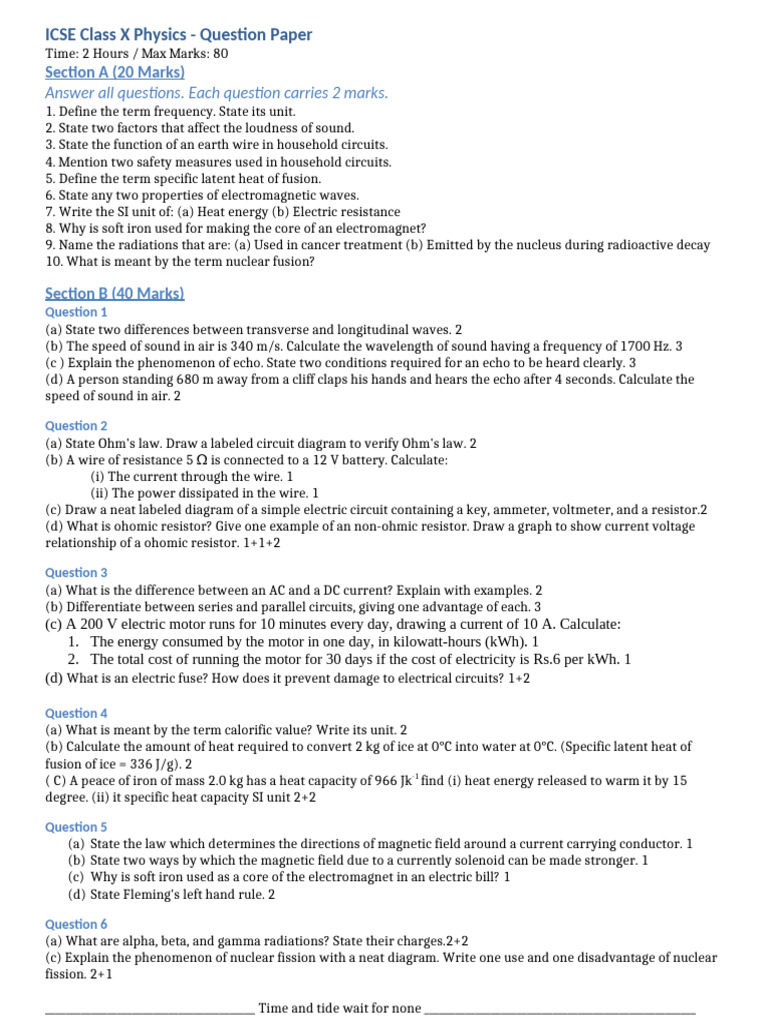 Class X Physics Question Paper | PDF | Sound | Frequency