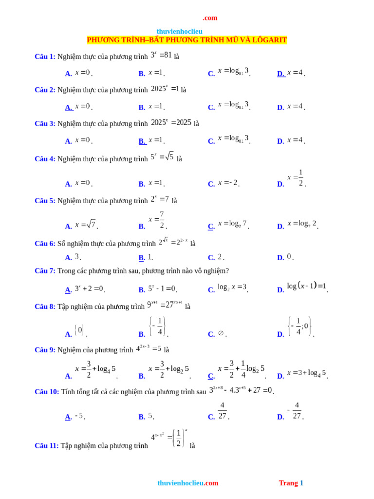 40 Cau Trac Nghiem Phuong Trinh Bat Phuong Trinh Mu Va Logarit | PDF