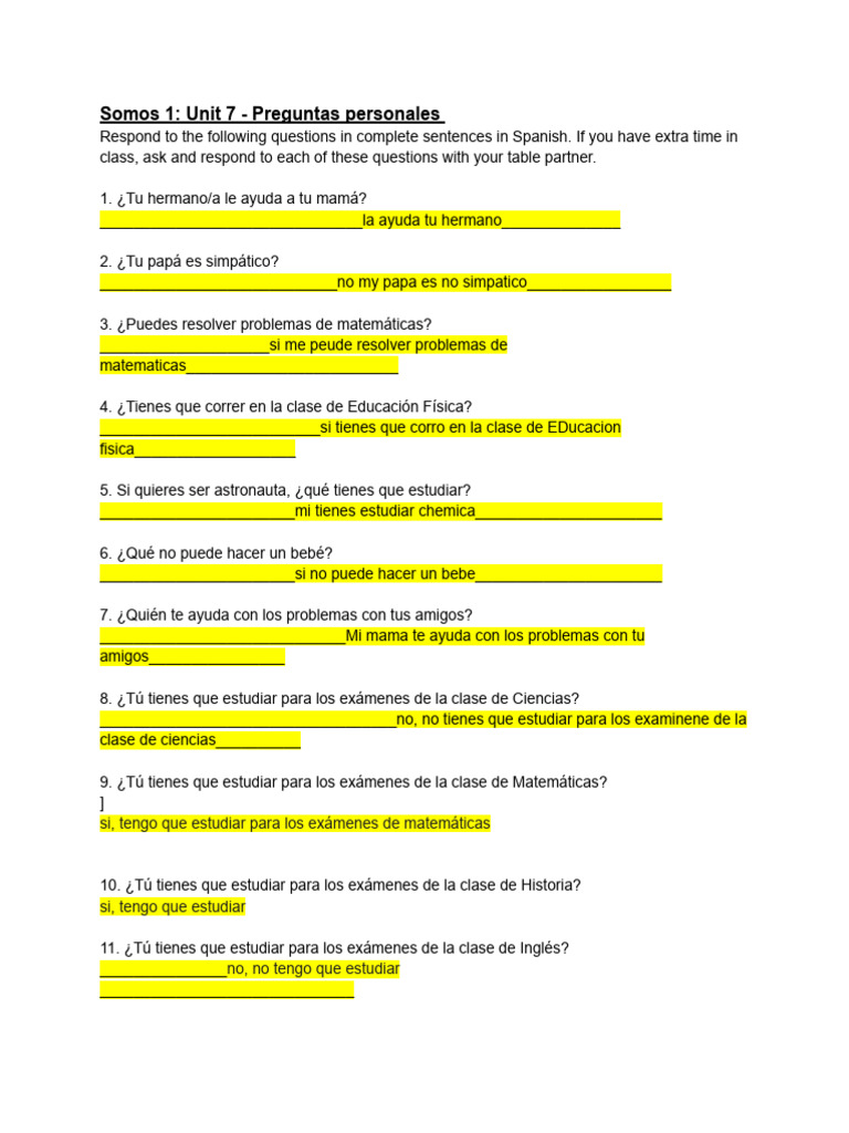 Somos 1 - Unit 7 - Preguntas Personales | PDF