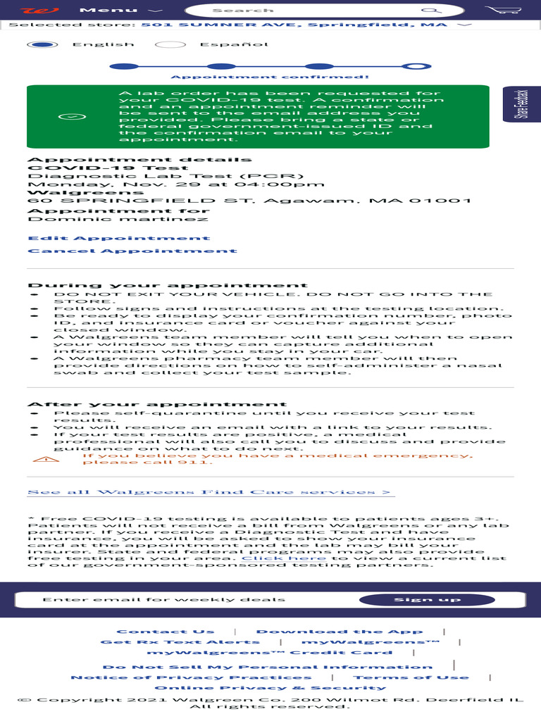 COVID-19 Testing Confirm Appointment Walgreens | PDF