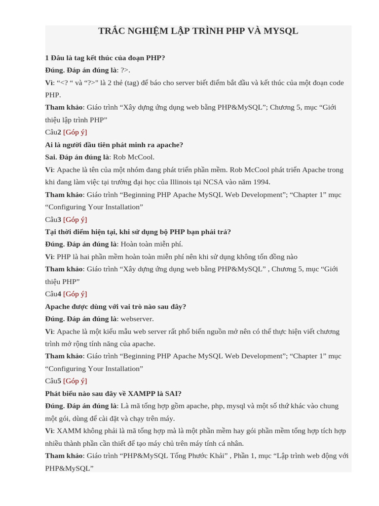 Trac Nghiem Lap Trinh Web Php Co Dap an Vieclamvui | PDF