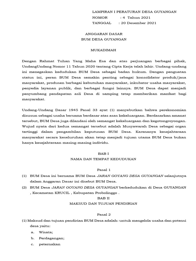 Contoh Anggaran Dasar Bumdesa | PDF