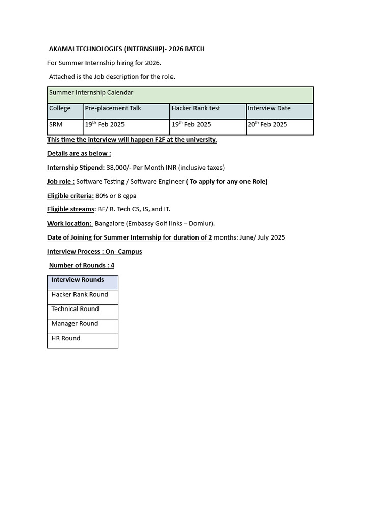Akamai Technologies Summer Internship For Batch-2026 | PDF