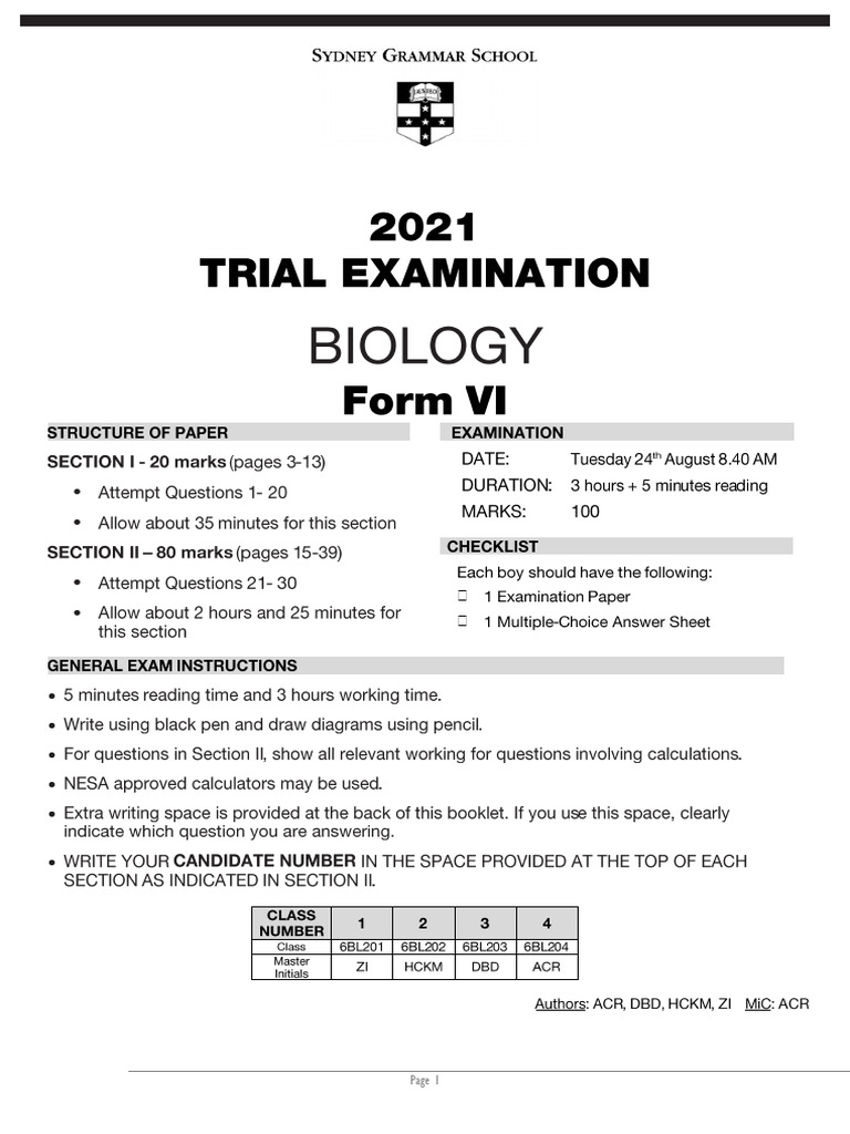 Sydney Grammar 2021 Biology Trials | PDF