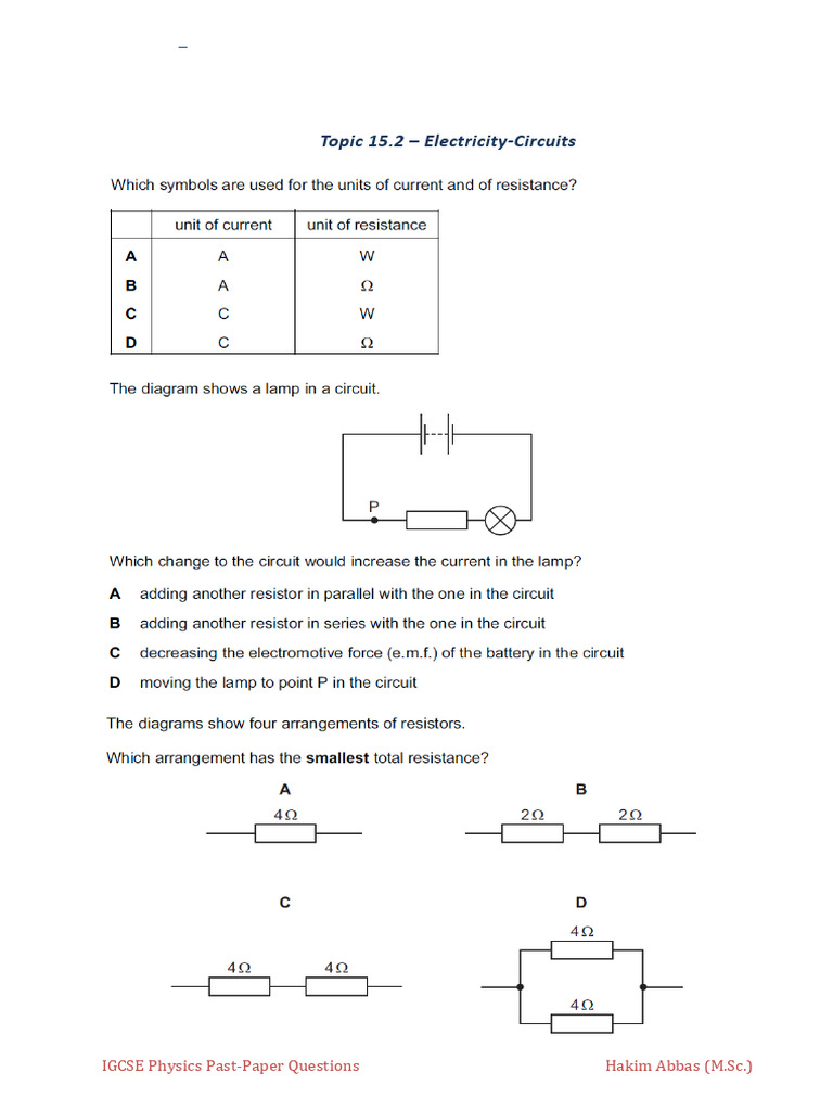 electricCircuitMCQ | PDF | Physical Sciences | Physics