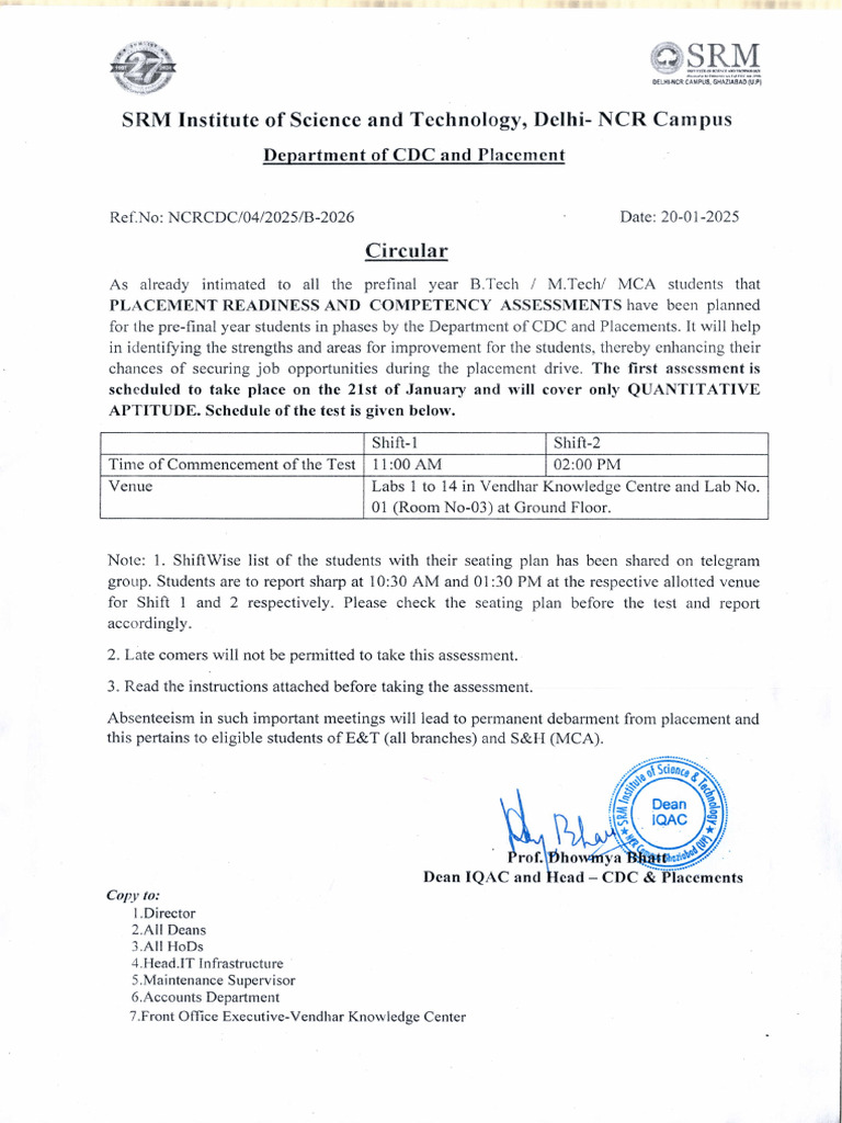 Circular - Placement Readiness & Competency Assessments-1 | PDF