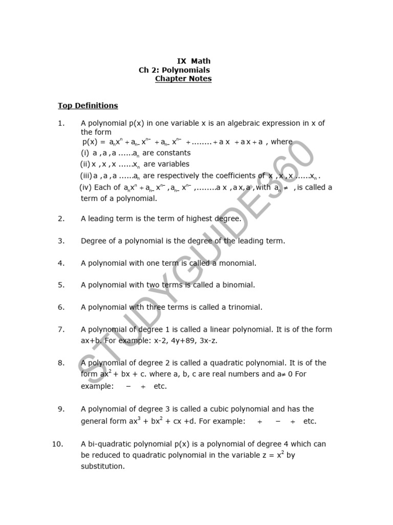 IX_Math_Ch2_Polynomials | PDF | Polynomial | Factorization