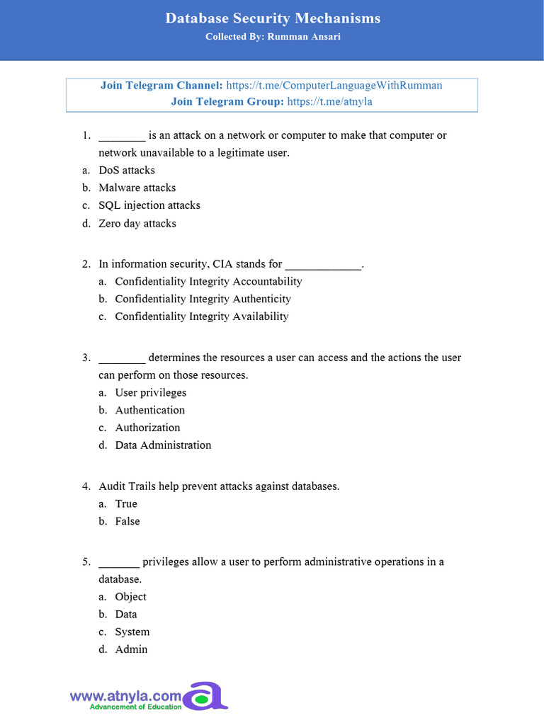 Database Security Mechanisms, MCQ | PDF