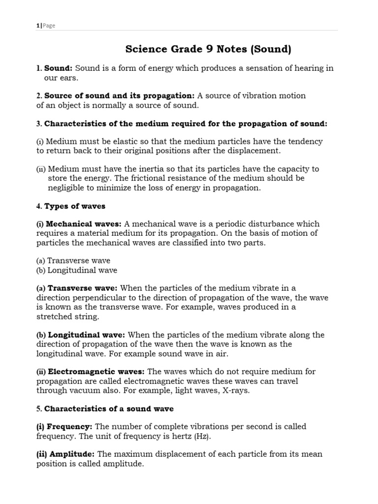 Grade 9 Sound Science Notes | PDF | Waves | Sound