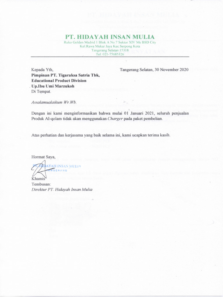 Surat Perihal Kepala Charger | PDF