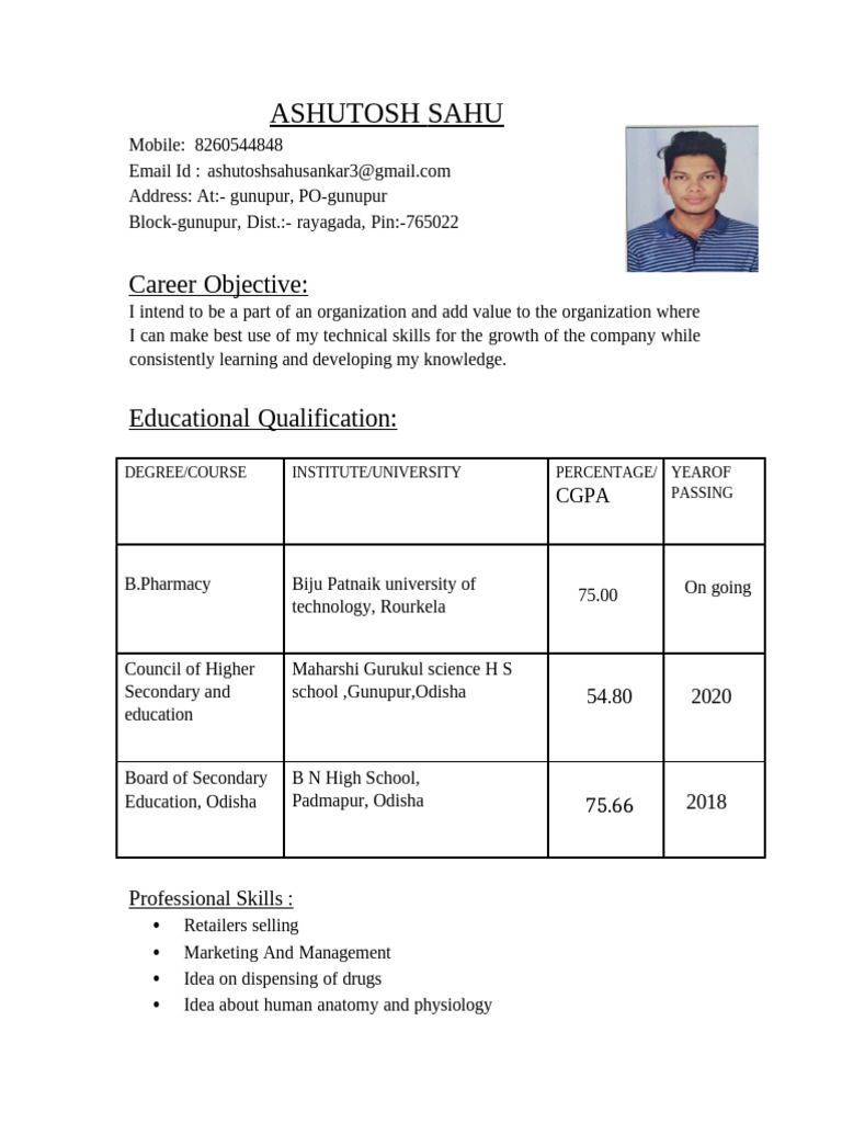 Ashutosh Sahu - Pharmacy Graduate CV | PDF