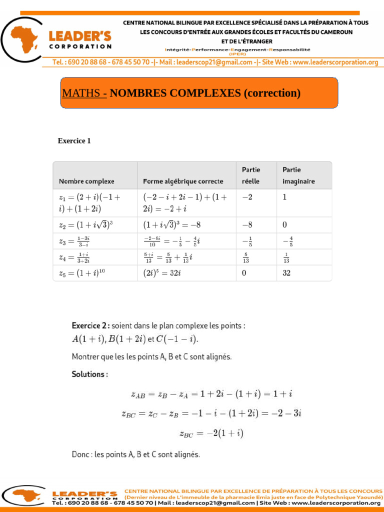 Corrigé - MATHS - LEADER'S - CORPORATION - 28 - 01 - 2025 - NOMBRES COMPLEXES | PDF
