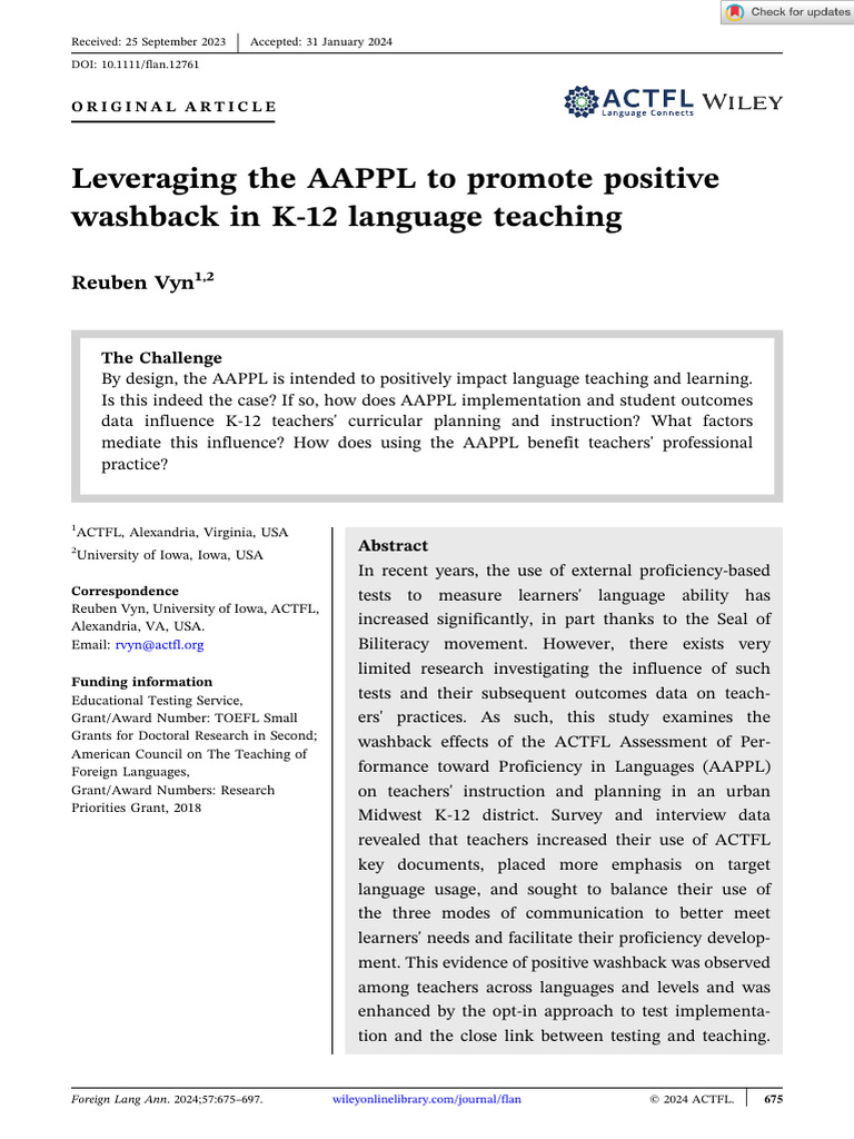 Foreign Language Annals - 2024 - Vyn - Leveraging The AAPPL To Promote Positive Washback in K 12 ...