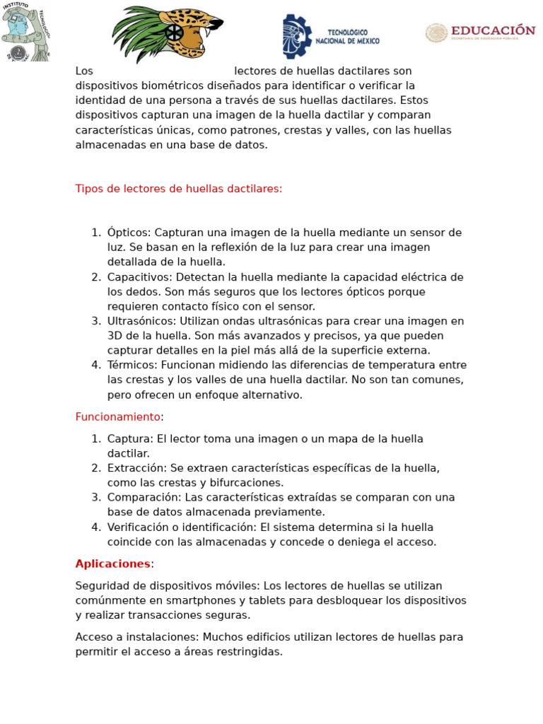 Tipos de Lectores de Huellas Dactilares:: Aplicaciones | PDF ...