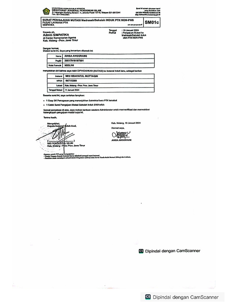 surat mutasi anisa | PDF