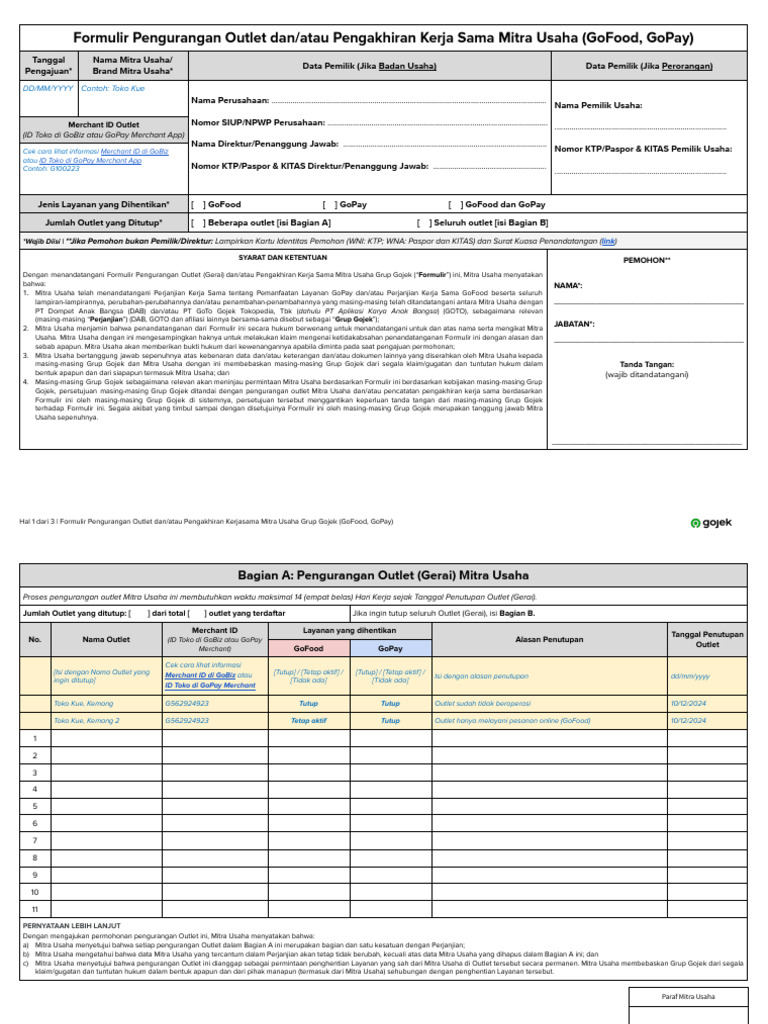 Formulir Pengurangan Outlet Dan-Atau Pengakhiran Kerjasama GoFood-GoPay (Versi 12.2024) | PDF