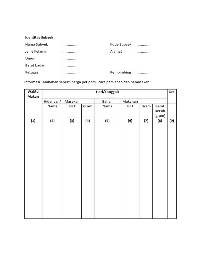 Formulir Food Recall 24 Jam Individu | PDF