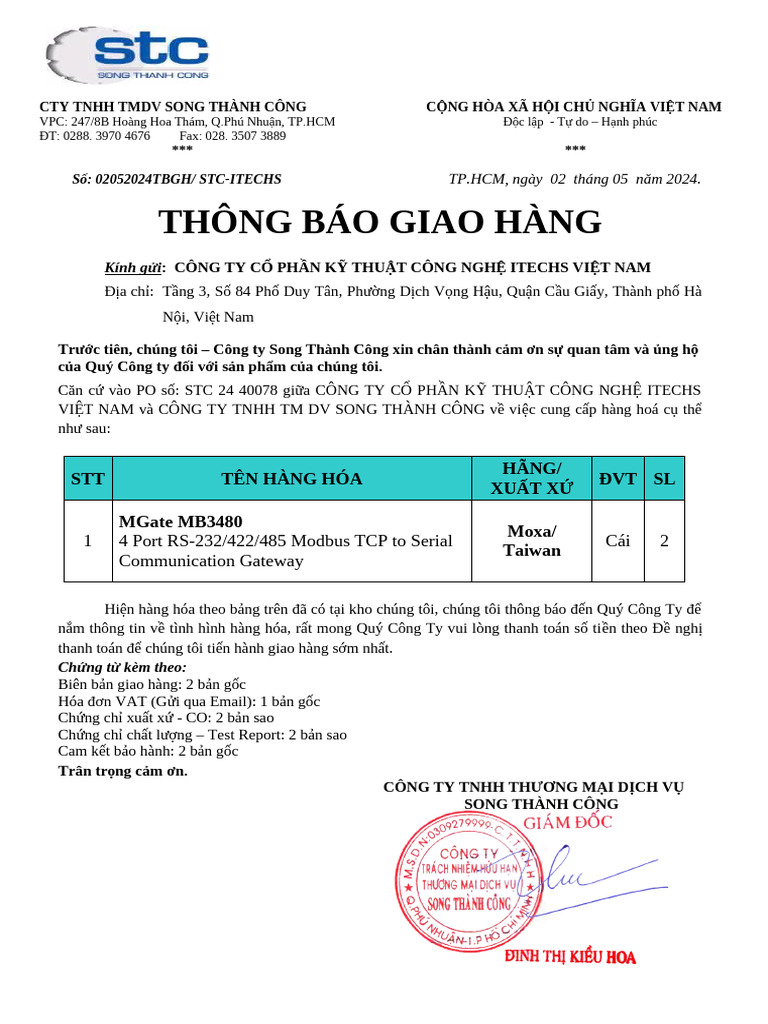 Thông Báo Giao Hàng_STC-ITECHS | PDF