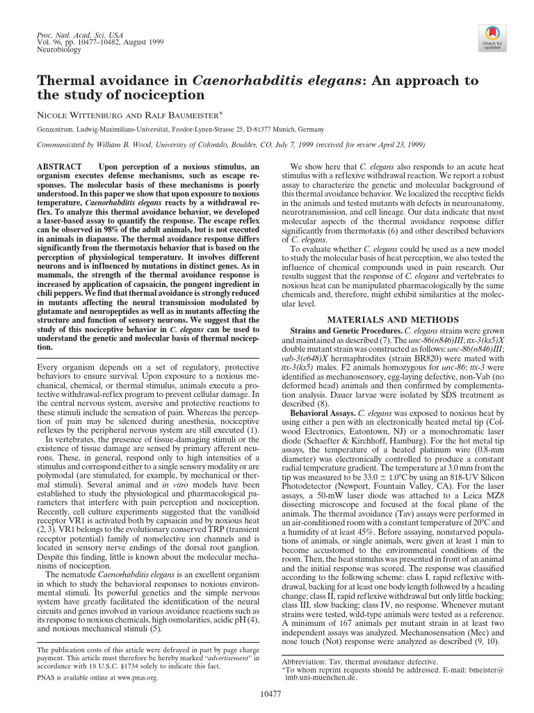 Wittenburg Baumeister 1999 Thermal Avoidance in Caenorhabditis Elegans ...