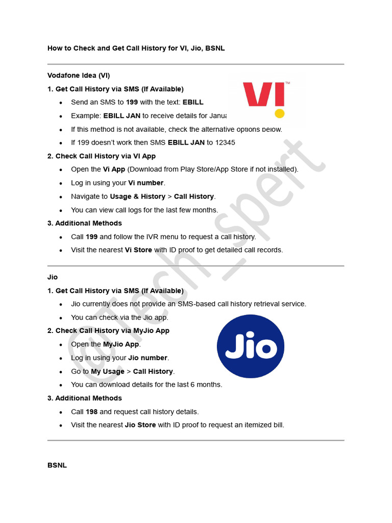 Accessing Call History for VI, Jio, BSNL | PDF