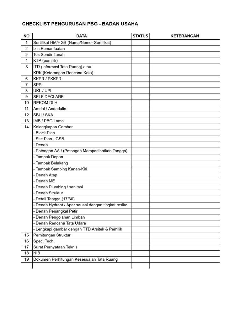 Checklist Pengurusan PBG - Badan Usaha | PDF