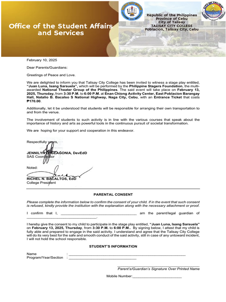 Parental Consent For Juan Luna Stage Play | PDF