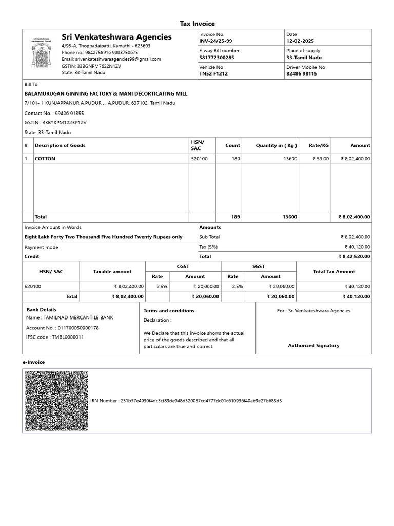 Cotton Tax Invoice Tamil Nadu 2025 | PDF | Invoice | Economies