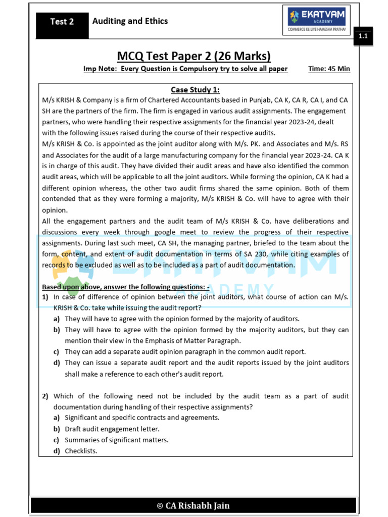 Auditing Ethics and Procedures MCQ Test | PDF | Audit | Auditor's Report