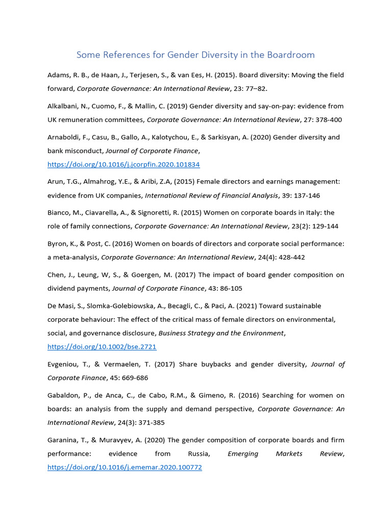 Some References For Gender Diversity in The Boardroom | PDF | Business Economics | Corporations
