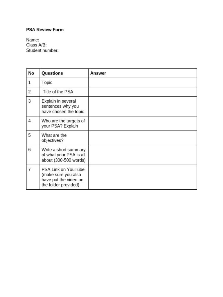 PSA Review Form 2023 | PDF
