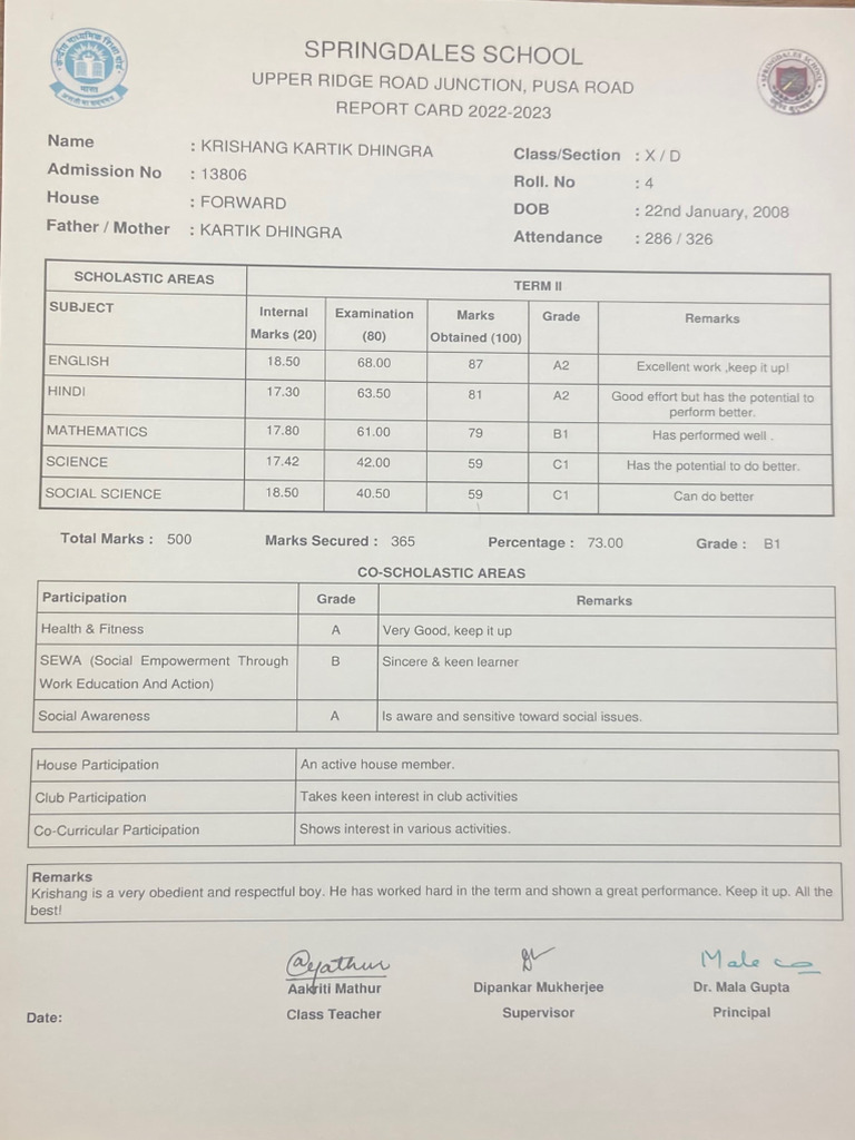 Class 10 Report Card: Krishang Dhingra | PDF