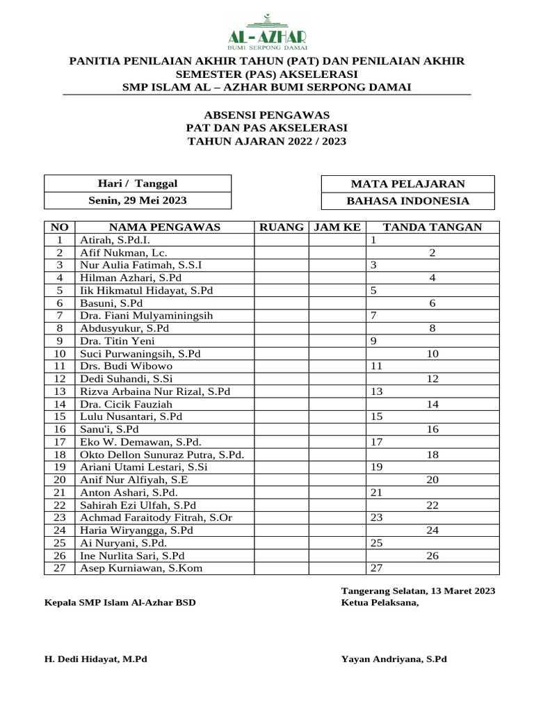 Absensi Pengawas Pat Dan Pas Akselerasi | PDF