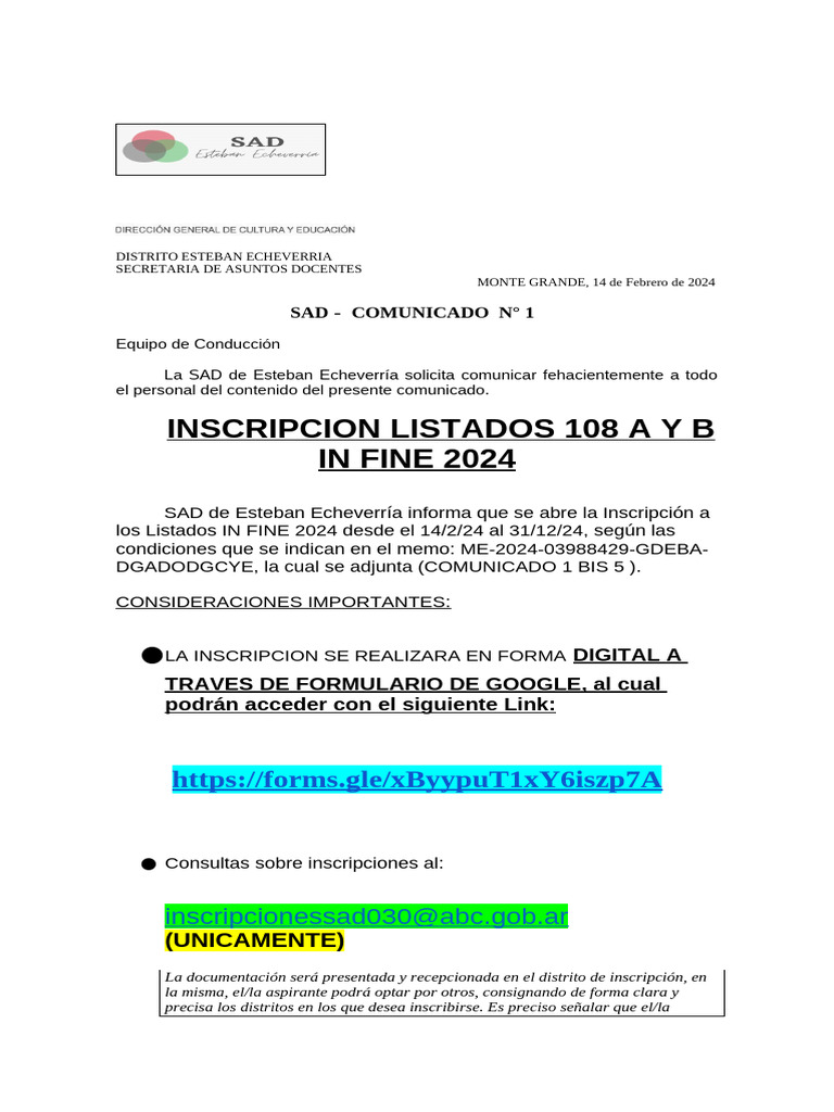 1 - Comunicado #1 - Inscripciones Listados 108 A y B in Fine 2024 | PDF